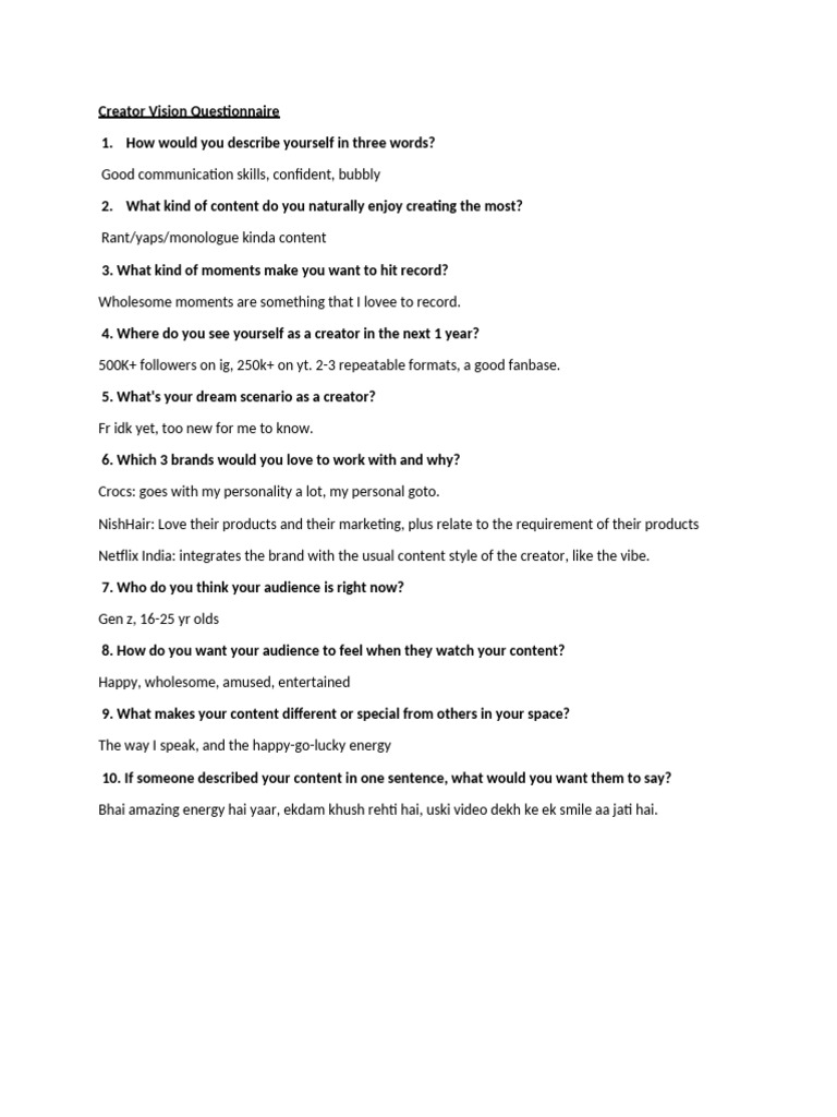 Creator Vision Questionnaire | PDF
