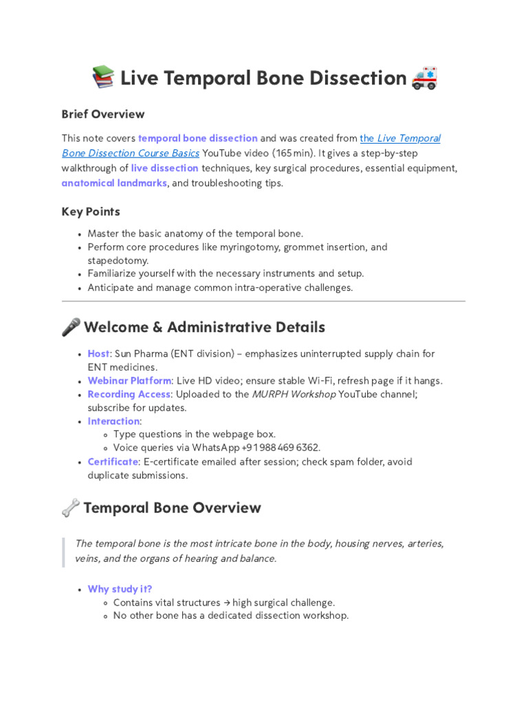 Live Temporal Bone Dissection Course Basics | PDF | Ear | Vertigo