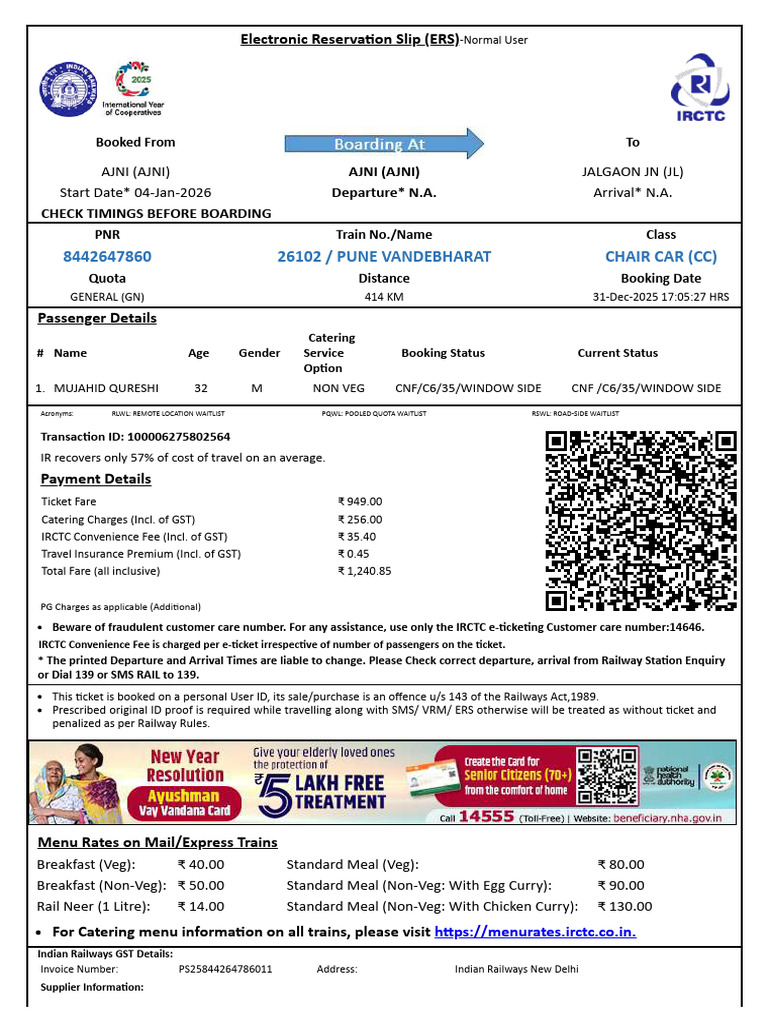 20251231 Train Ticket AJNI JL Mujahid Qureshi | PDF