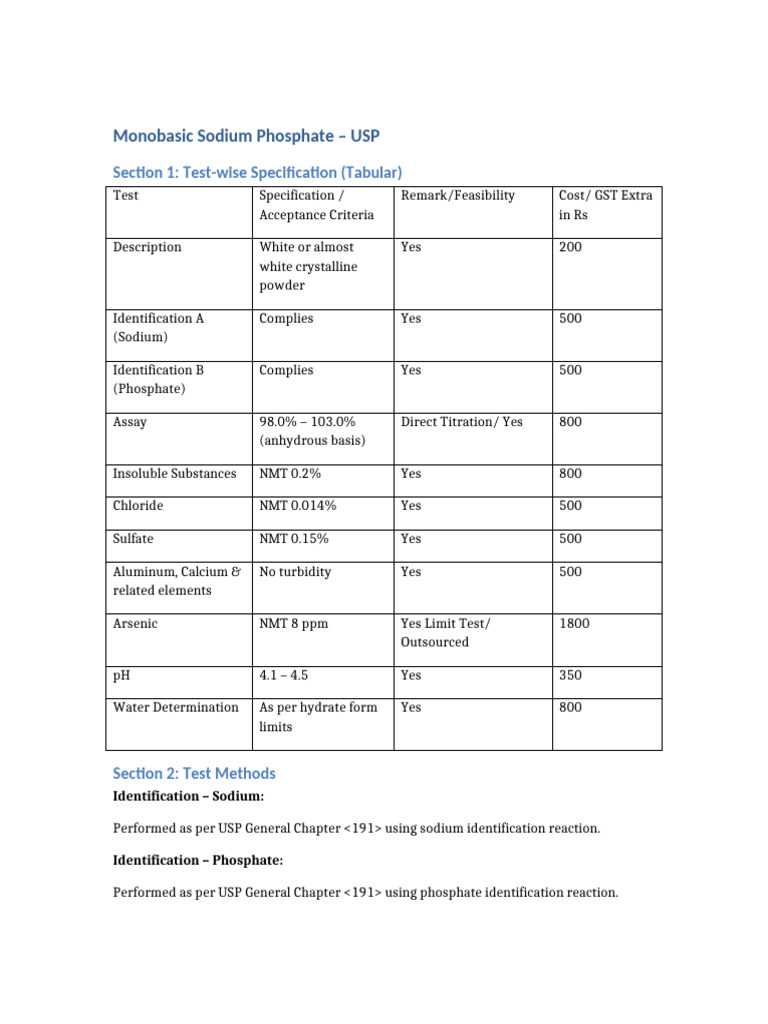 Monobasic Sodium Phosphate USP Test Methods | PDF