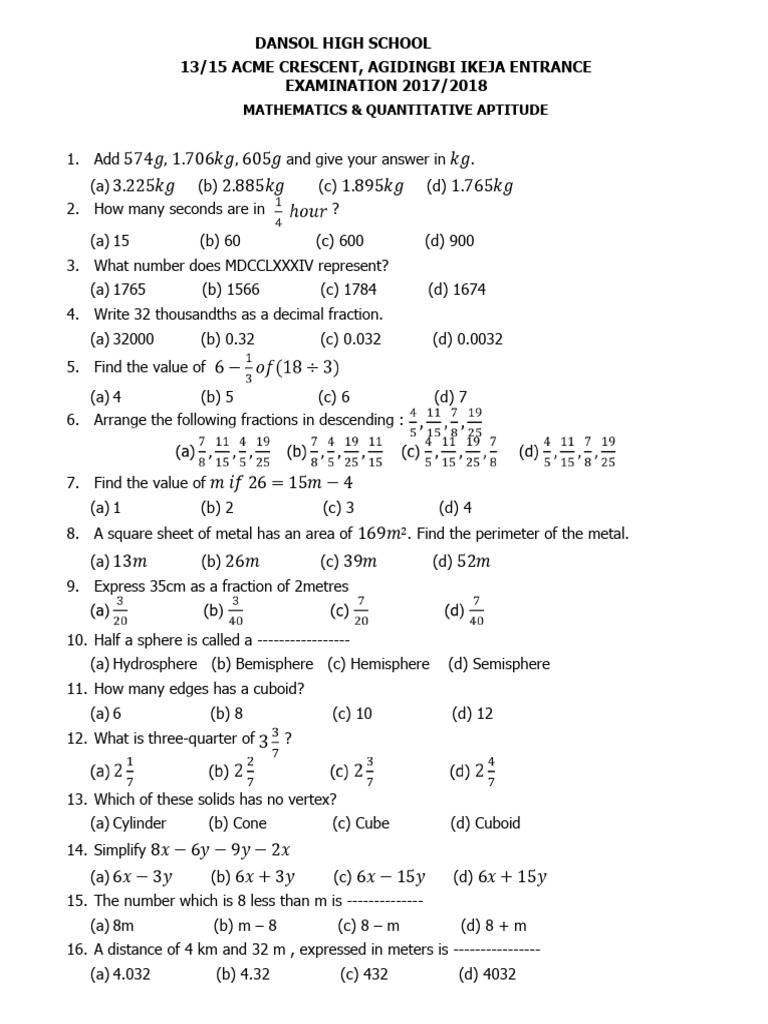 Entrance Exam Questions 2017-2018 | PDF | Area | Sphere