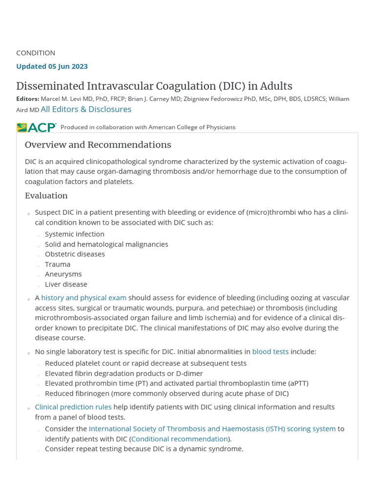 Disseminated Intravascular Coagulation (DIC) in Adults - DynaMed | PDF ...