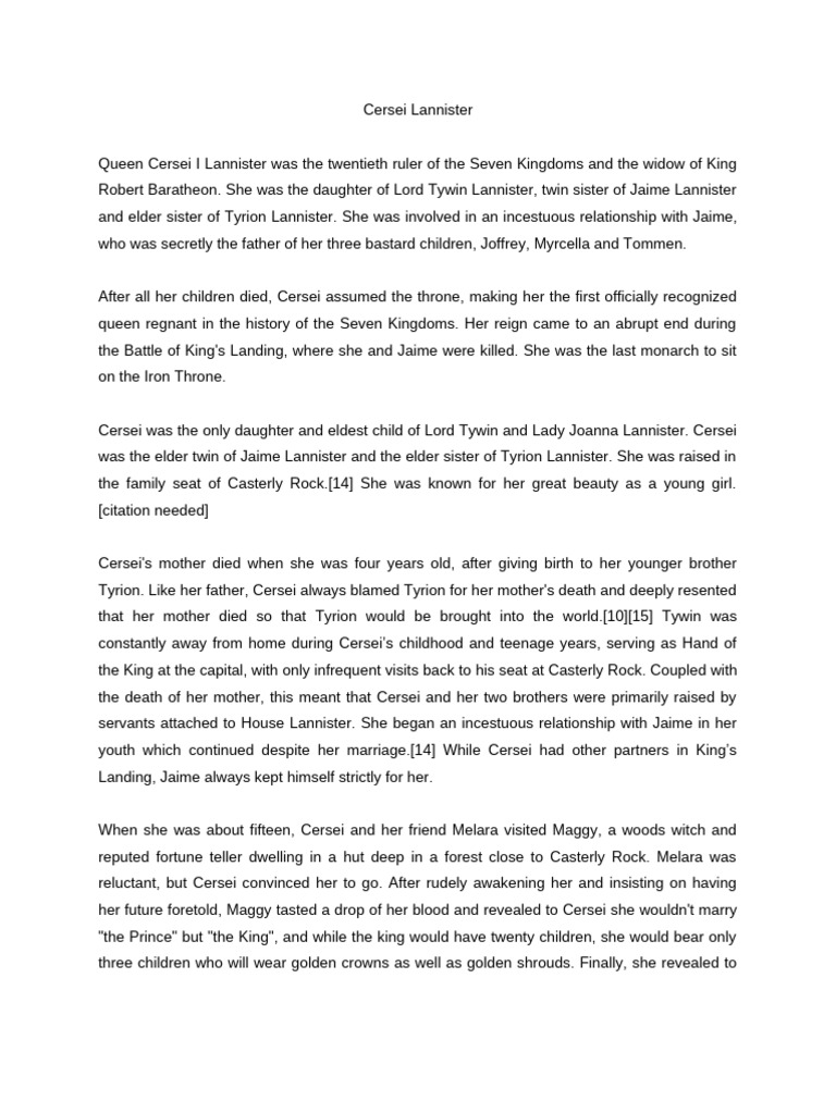 Cersei Lannister | PDF | Literary Characters | Fictional Nobility