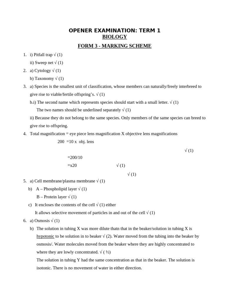 Form 3 Biology MS Opener Term 1 2026 | PDF | Blood | Vasodilation