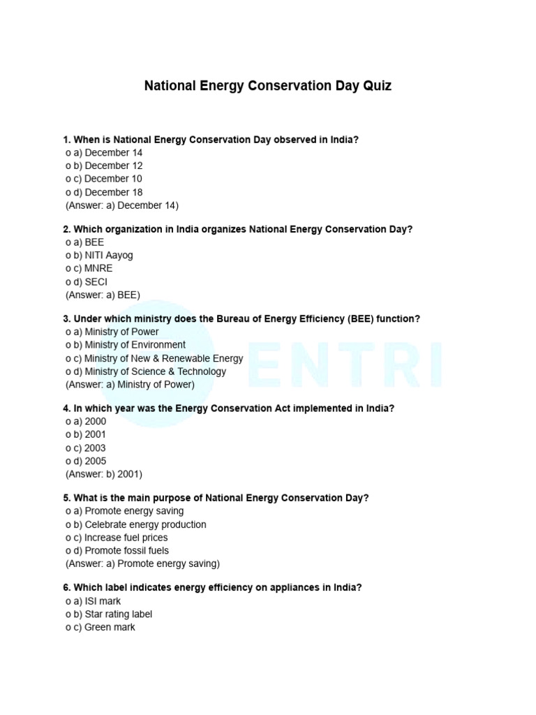 National Energy Conservation Day Quiz 1 | PDF | Energy Conservation ...