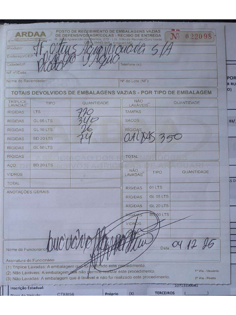 Termo de Devol. Embal. Vazias - Faz. Pingo D'Água 04-12-2025 | PDF