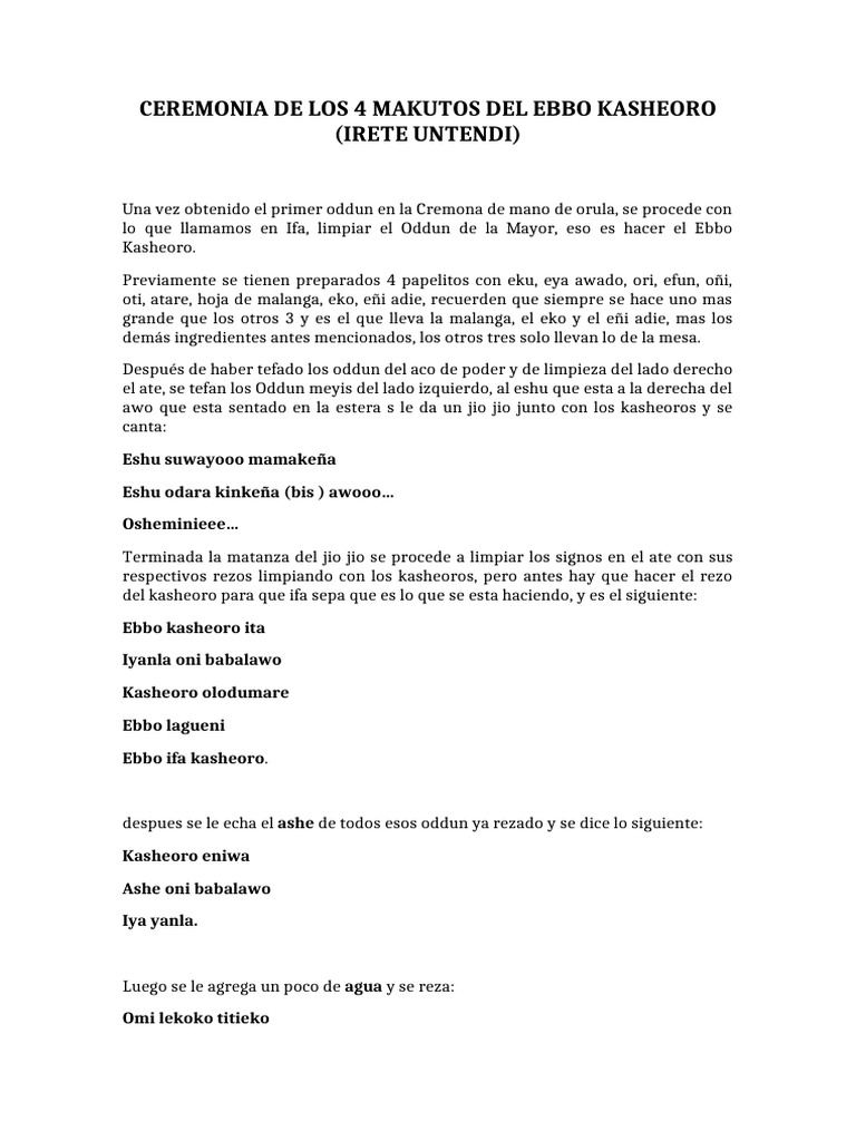 Ceremonia de Los 4 Makutos Del Ebbo Kasheoro | PDF