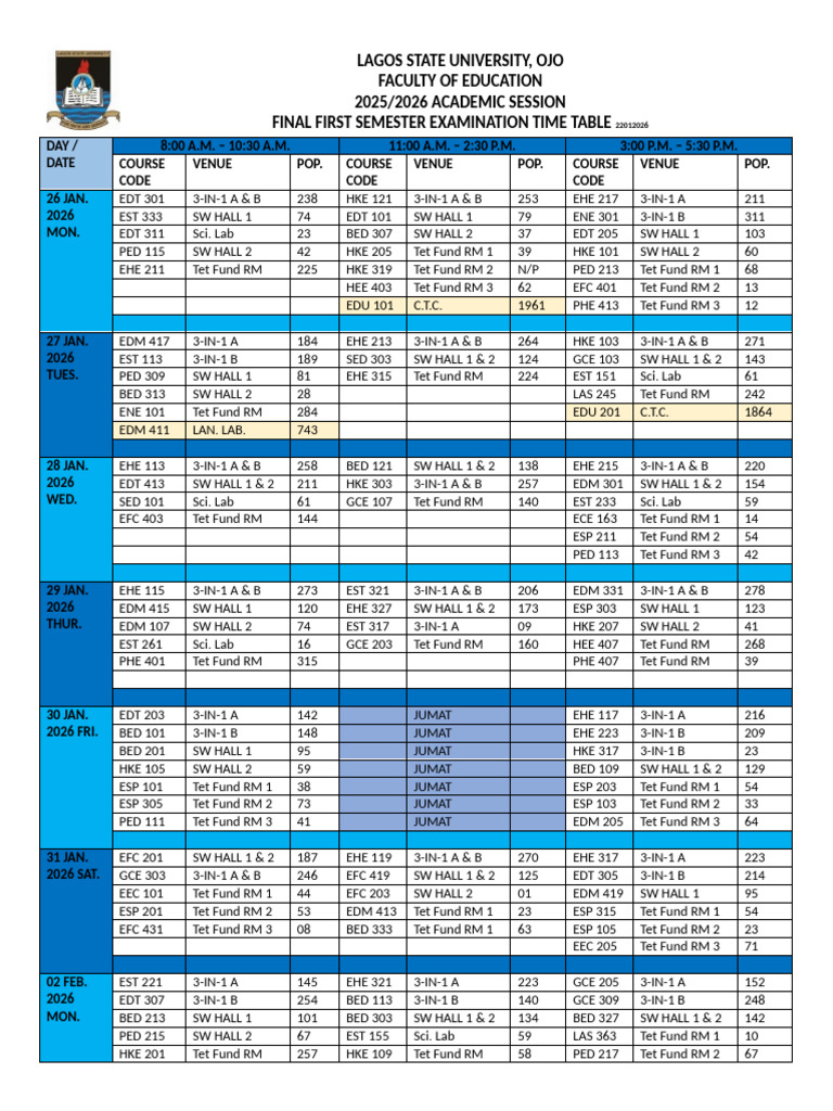 Education 2025-2026 First Semester Exam Time Table Thursday | PDF | Tests