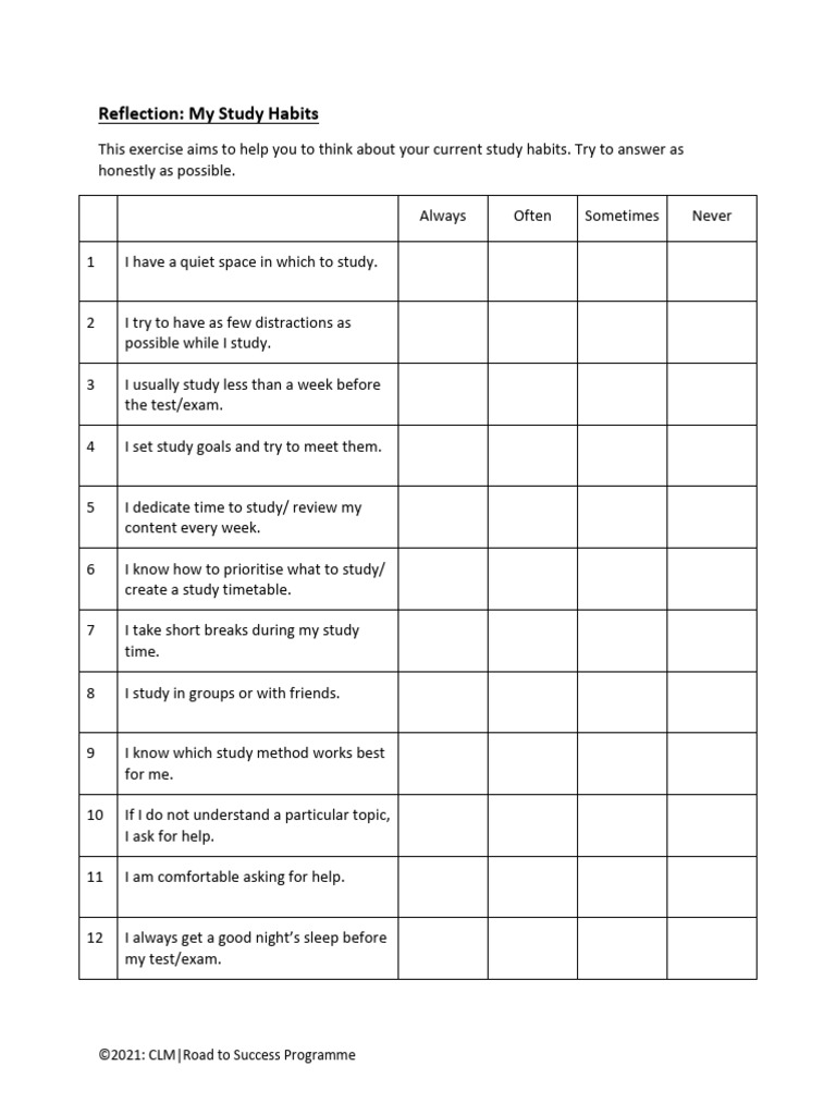 Study Skills - My Study Habits Reflection Exercise | PDF