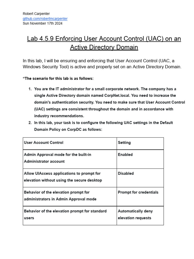 Lab 4.5.9 Active Directory - Enforcing User Account Control (UAC) On An ...