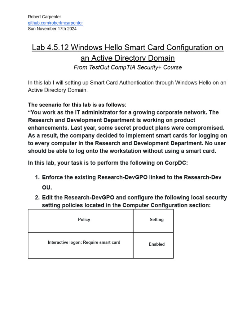 Lab 4.5.12 Active Directory - Windows Hello Smart Card Configuration ...