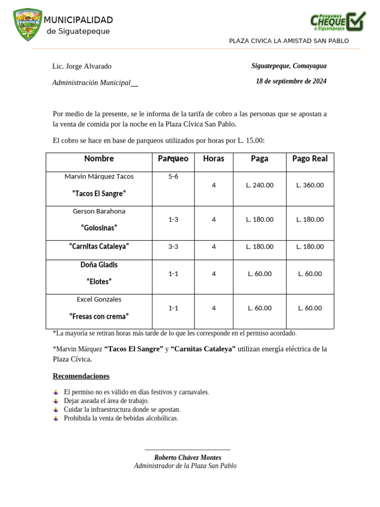 Informe de Horas y Parqueos Plaza San Pablo | PDF