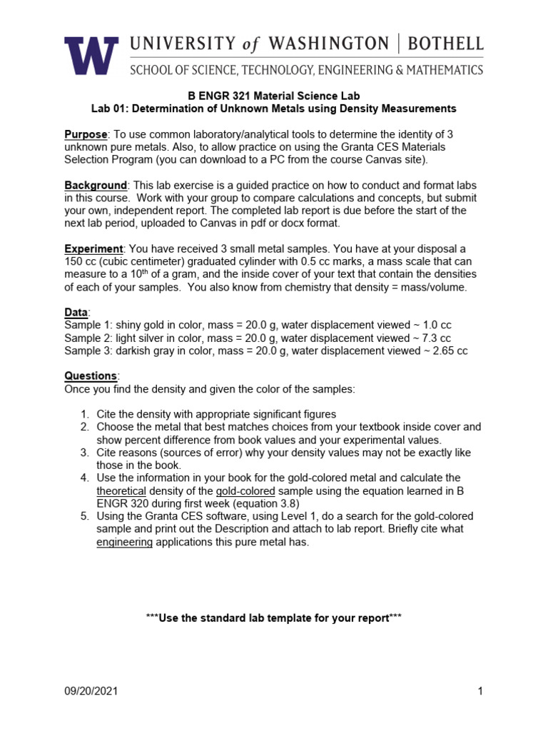 Lab 1 Determination of Unknown Metals (Density Lab) | PDF