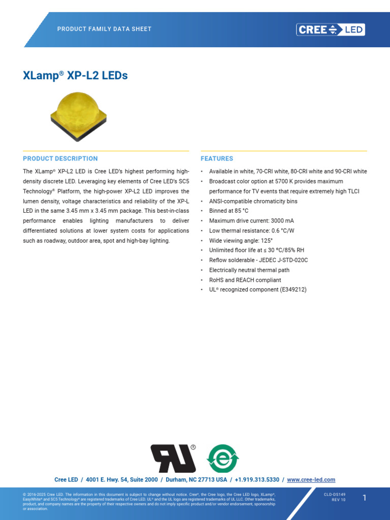 XP-L2 LEDs Data Sheet | PDF | Light Emitting Diode | Electricity
