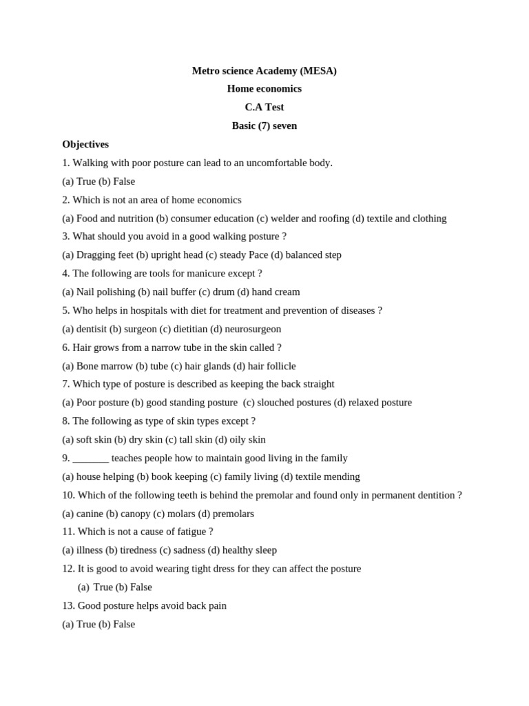 Home Economics Basic 7 and 8 CA Questions | PDF