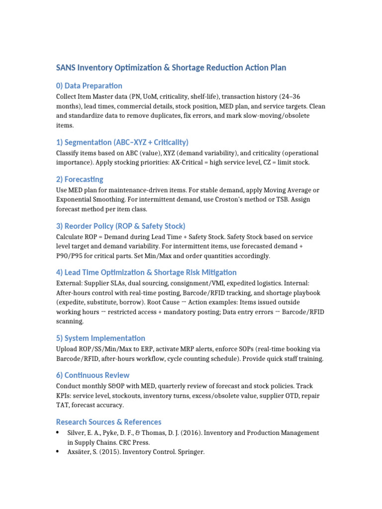 SANS Inventory Optimization Action Plan | PDF