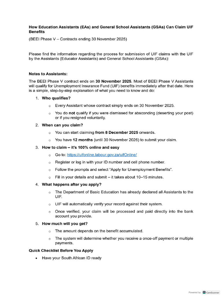 Processes For Claiming UIF Benefits - For Assistants in BEEI | PDF