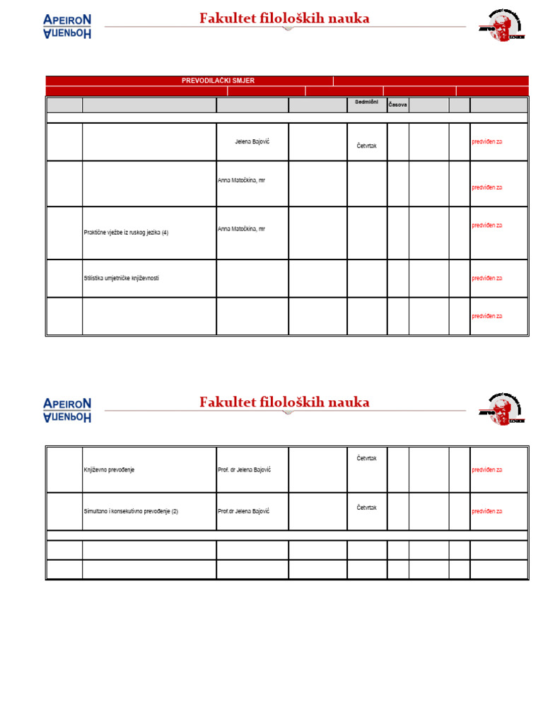 FFN-_Trogodišnji_studij-_Parni_semestri-_2023-24_-_Raspored_predavanja | PDF