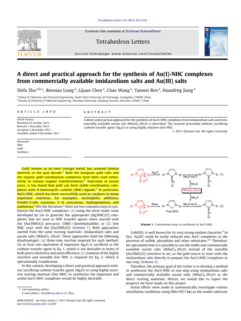 A Direct and Practical Approach for the Synthesis of Au(I)-NHC ...