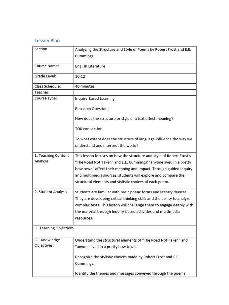 Lesson Plan - English Literature | PDF | Poetry | Inquiry Based Learning