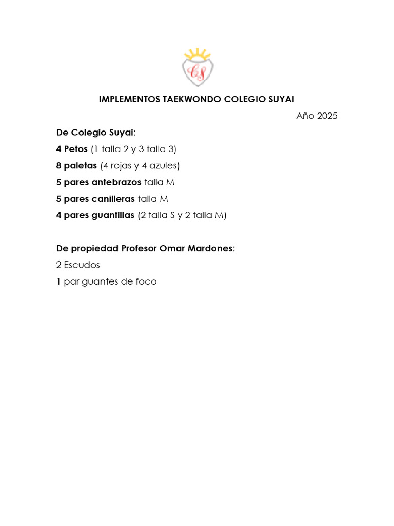 Implementos Taekwondo Colegio Suyai | PDF