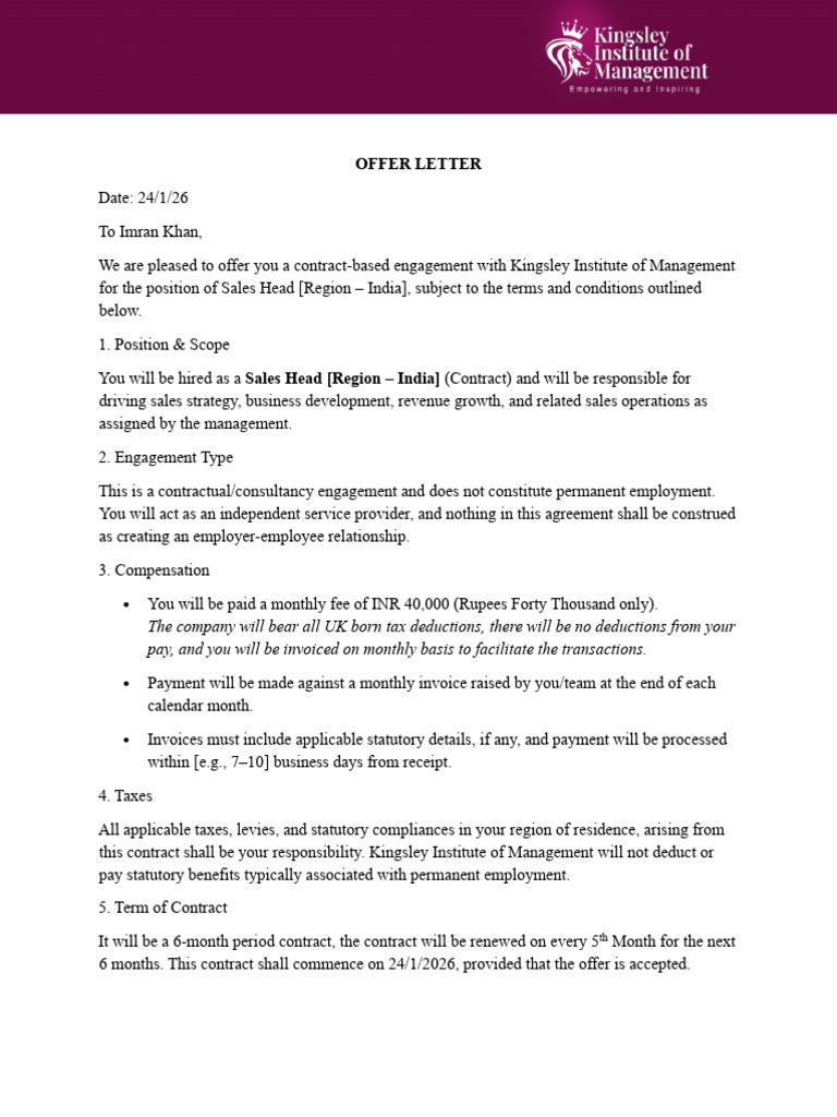 Offer Letter - Sales Head (Region India) | PDF | Taxes | Employment
