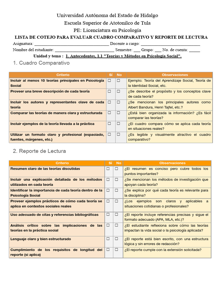 Lista de Cotejo Para Evaluar Cuadro Comparativo y Reporte de Lectura ...