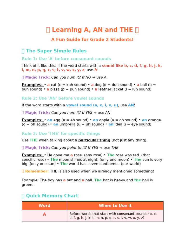 Articles Lesson Grade2-3 | PDF