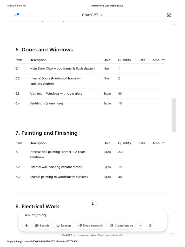 Architecture Classroom BOQ 1 | PDF