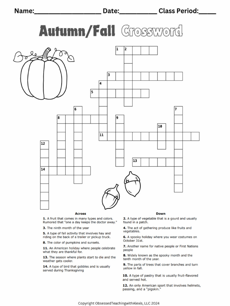 FallAutumnCrosswordPuzzleandWordSearchMiddleHighSchool 1 | PDF