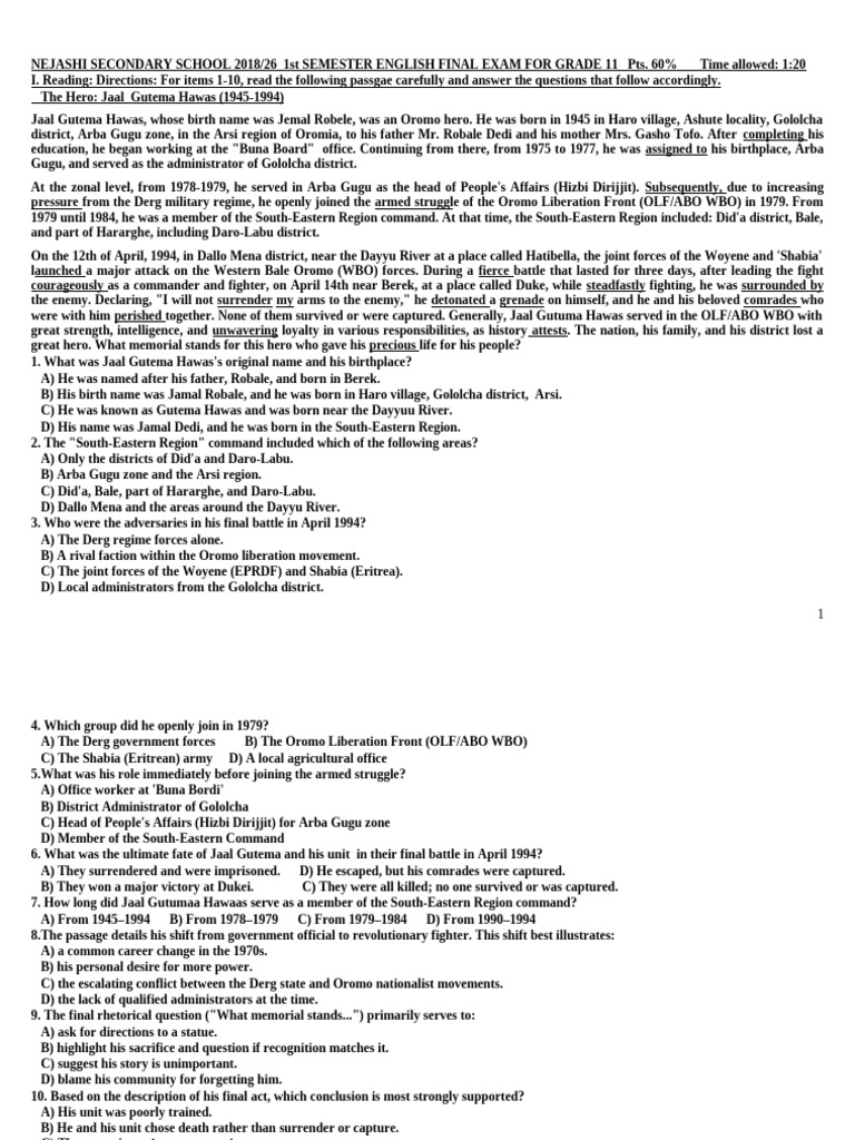 Revised Grade 11 English Final Examination For First Semester WPS ...