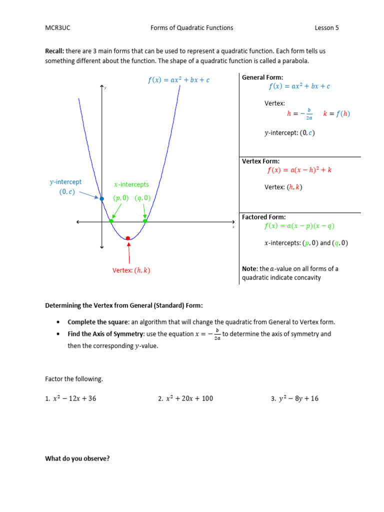 5 Forms of a Quadratic.docx | PDF | Mathematical Objects | Elementary ...