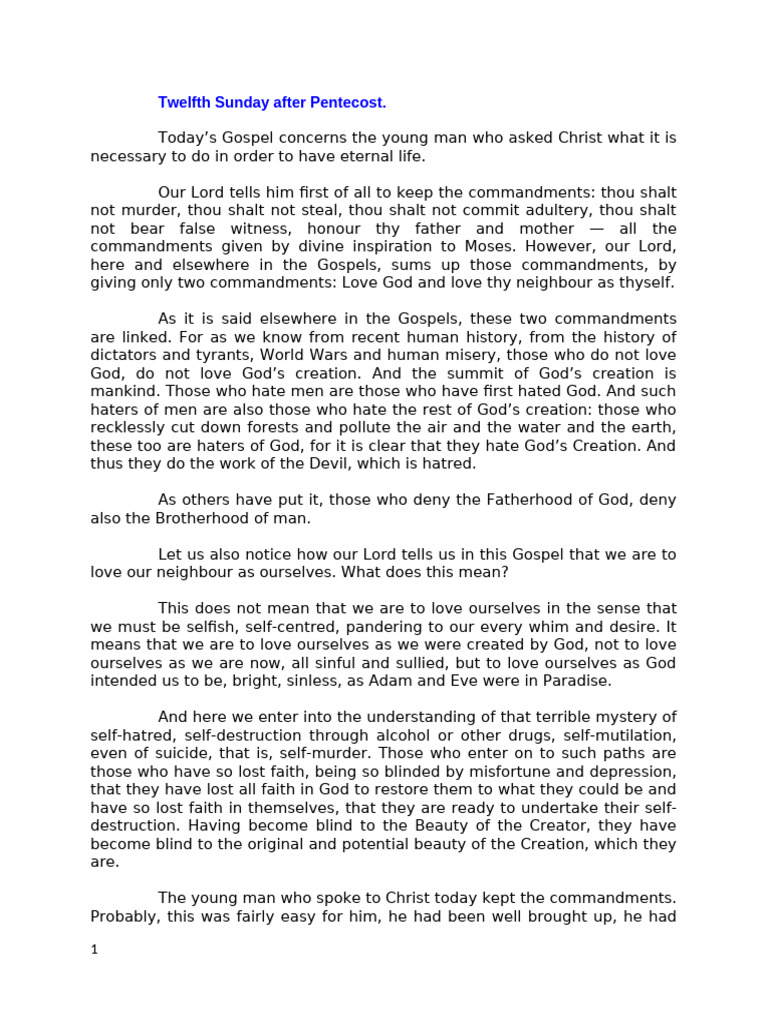 12 Sunday After Pentecost | PDF | Jesus | Ten Commandments
