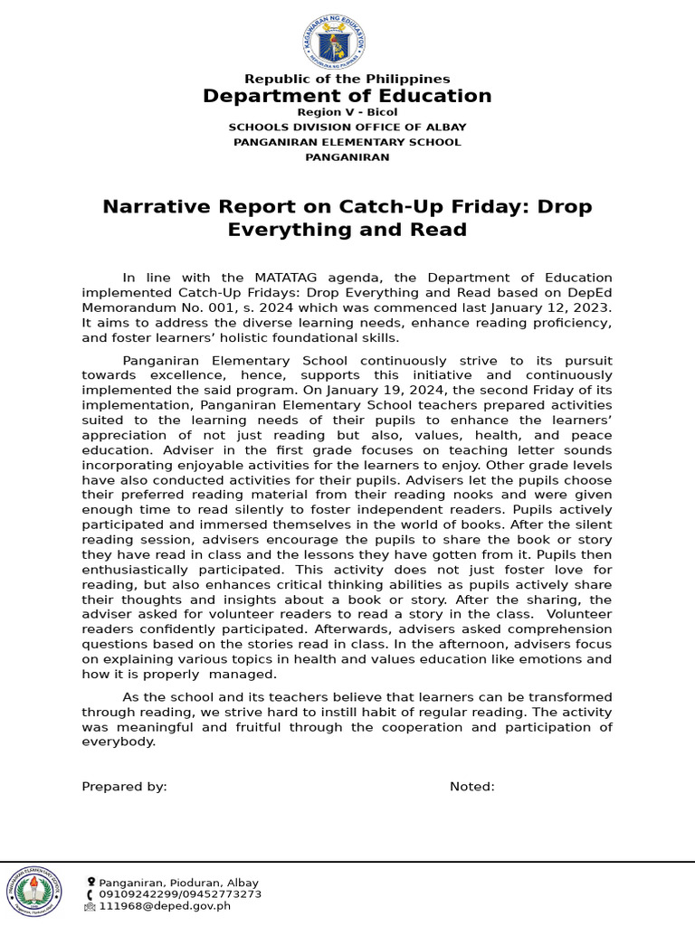 Narrative Report On Catch-Up Friday - 01-19-24 | PDF | Pedagogy | Learning