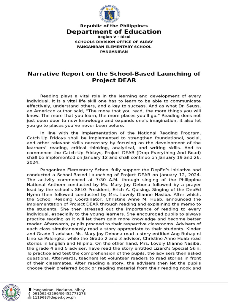 Narrative Report on Catch-Up Friday - 01-12-24 | PDF | Teaching | Cognition