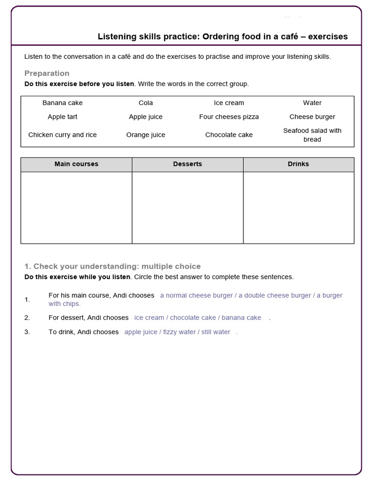Ordering Food in a Cafe - Exercises 4 | PDF | Cooking, Food & Wine ...