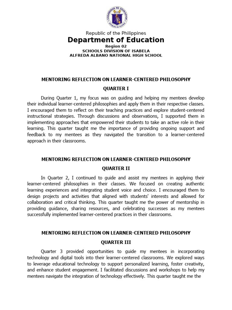 Mentoring Reflection On Learner-Centered Philosophy Mti-IV Sample | PDF ...