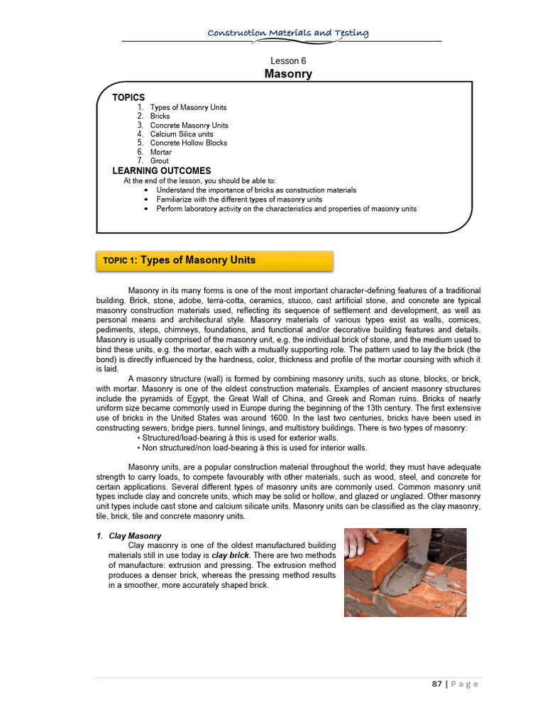 Lesson 6- Masonry | PDF | Brick | Masonry