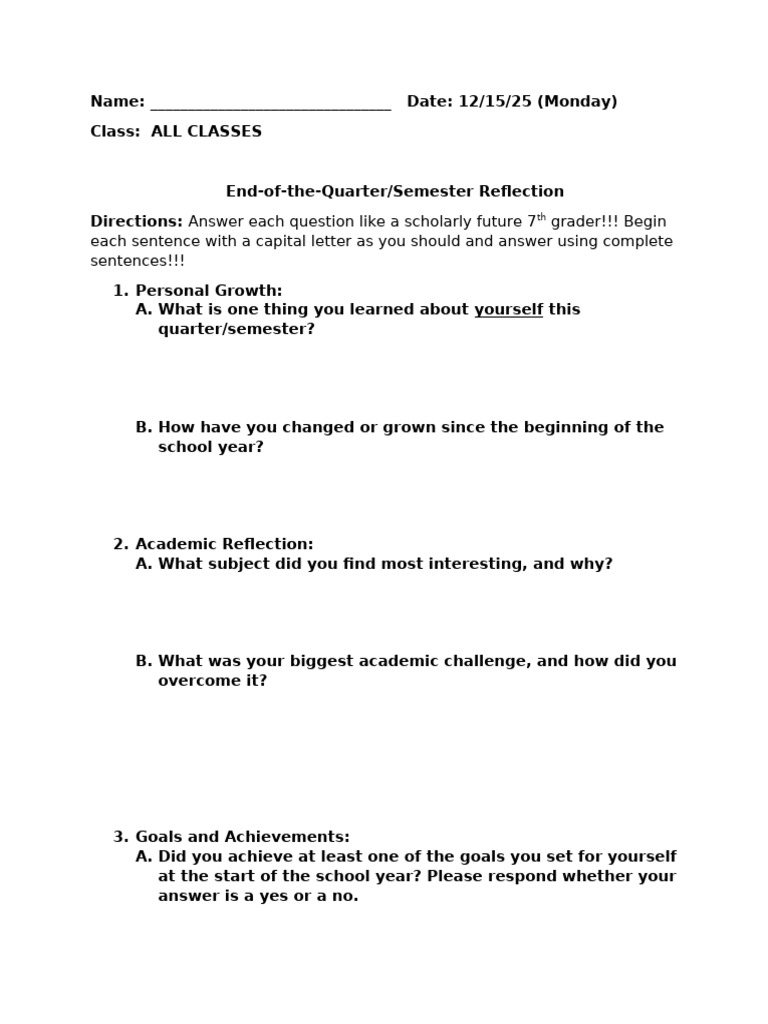 Middle School End of Quarter-Semester Reflection Questions (1) | PDF