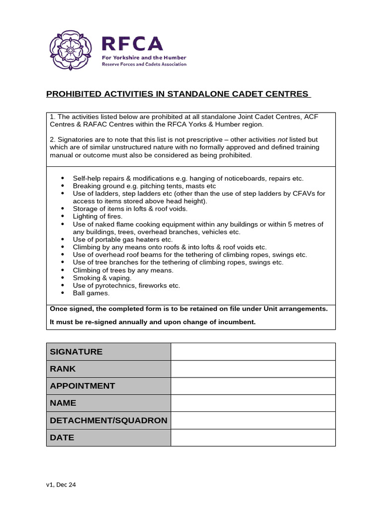 20241212-RFCA YH Standalone Cadet Centres Prohibited Activities (1) | PDF