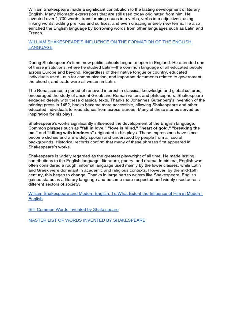 William Shakespear - Contribution To The Development of English | PDF ...