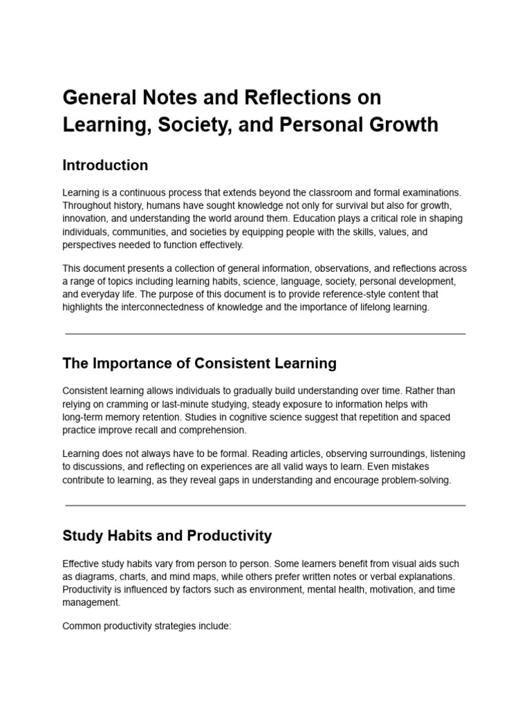 General Notes and Reflections on Learning, Society, And Personal Growth ...