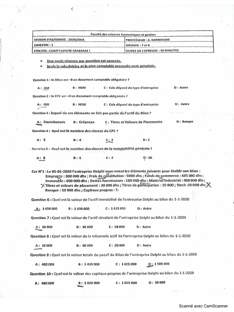 Examen de La Comptabilité Générale S1 Hamdoun | PDF
