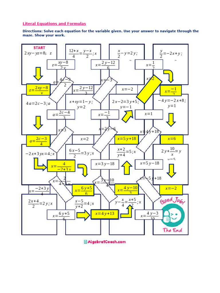 2 5 Literal Equations and Formulas Answers Maze Activity | PDF ...