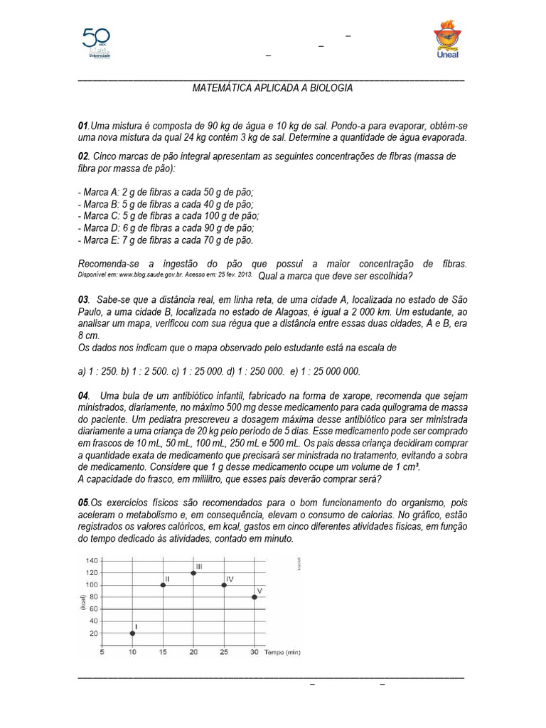 Mat Aplicada a Bio 01 | PDF | Caloria | Pães