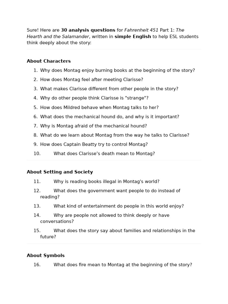 Fahrenheit 451 Questions Part 1 | PDF