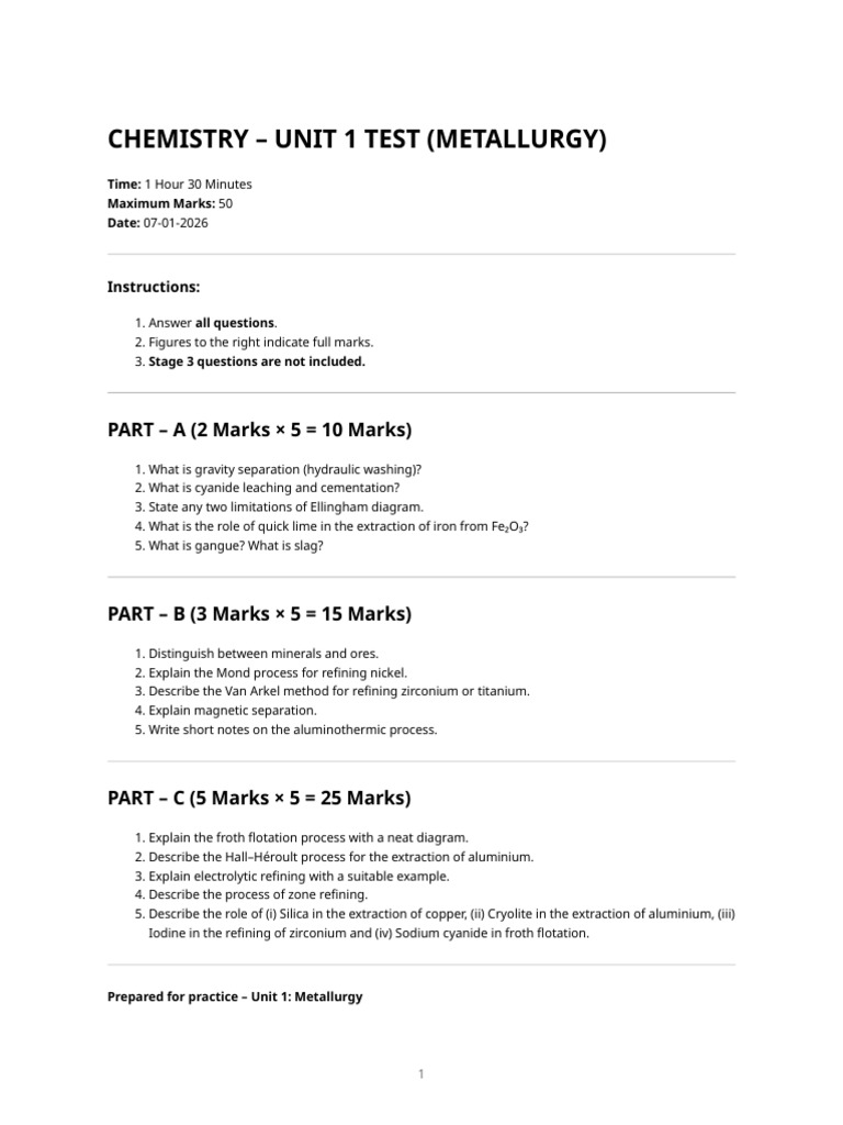 Chemistry Unit 1 Test - Metallurgy | PDF