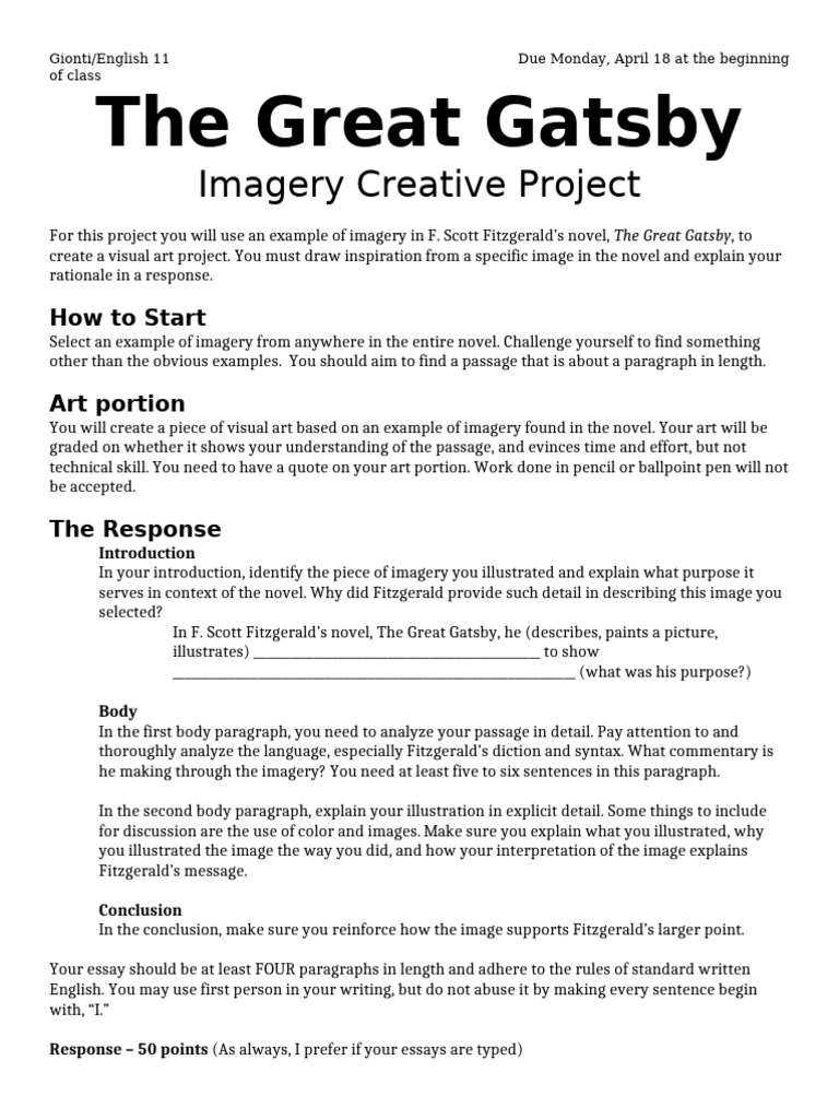 Imagery Assignment | PDF | The Great Gatsby | Image