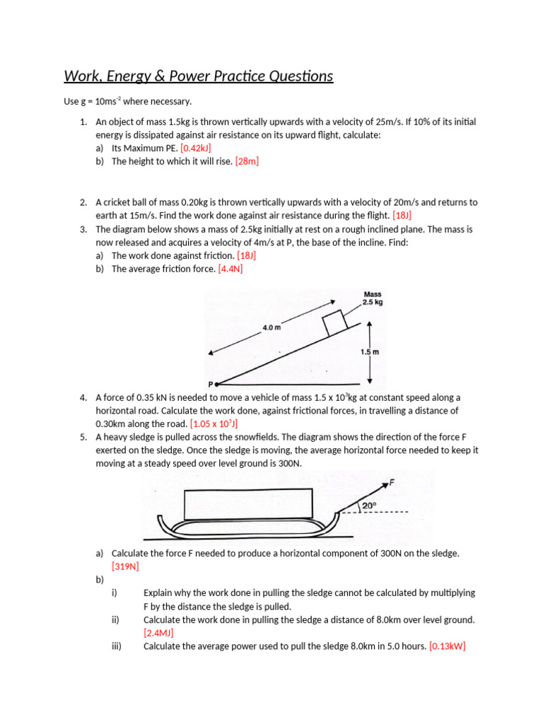 6B+Work%2C+Energy+%26+Power+Practice+Sheet+2023 | PDF | Force | Mass