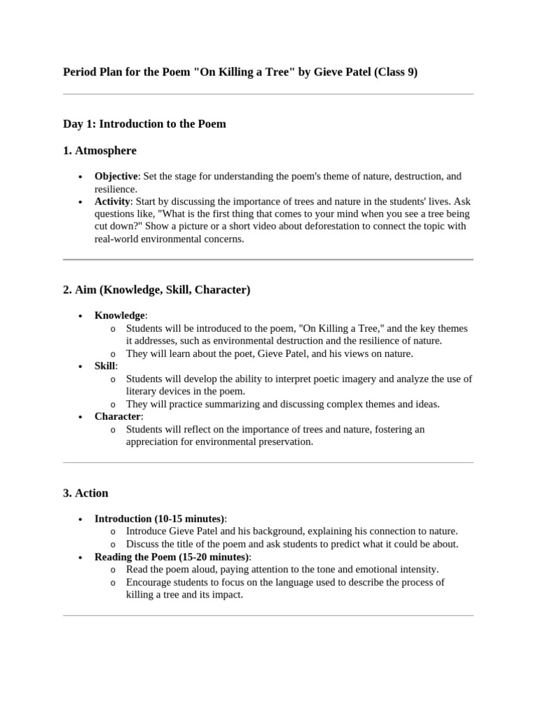 G9 Poem - On Killing The Tree Period Plan | PDF | Poetry | Metaphor